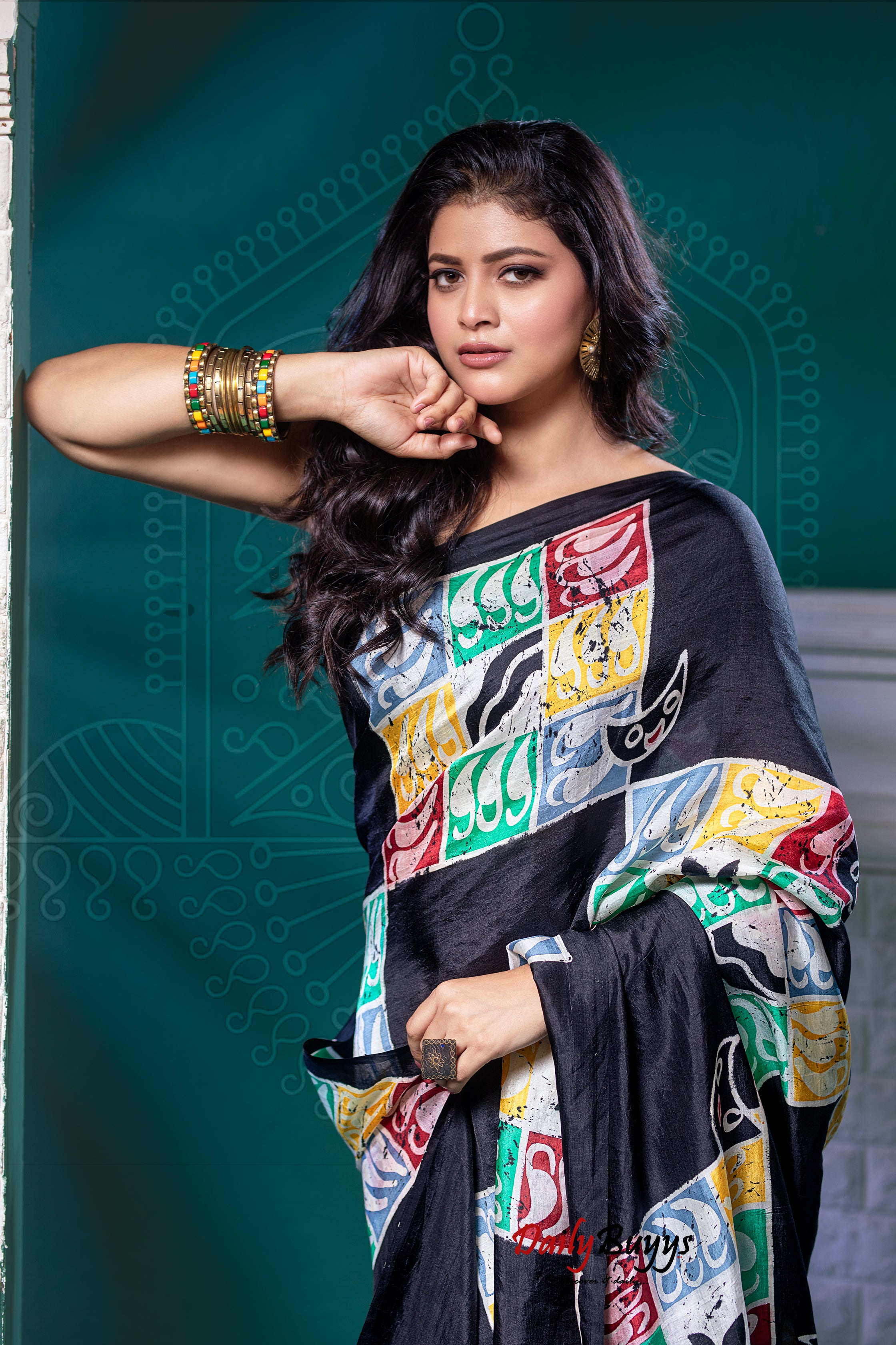 Black Wax Batik Hand Painted Silk Mark Certified Bishnupuri Silk Saree ...