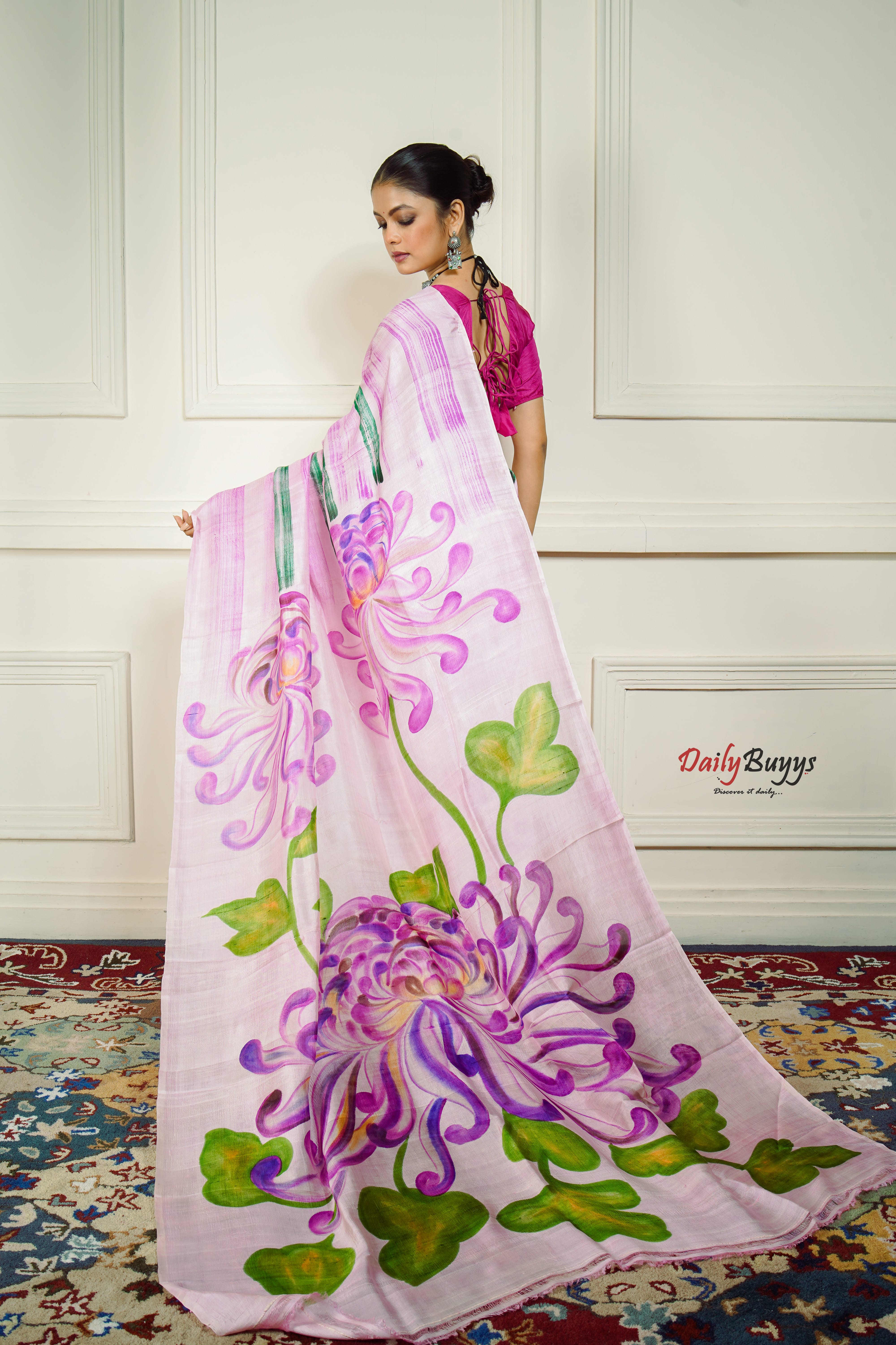 Aqua Fresh Floral Hand Painted Pure Silk Mark Certified Bishnupuri Sil ...