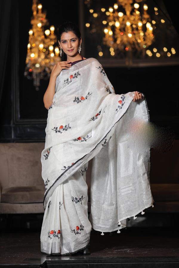 White Pure Linen Sarees – Dailybuyys